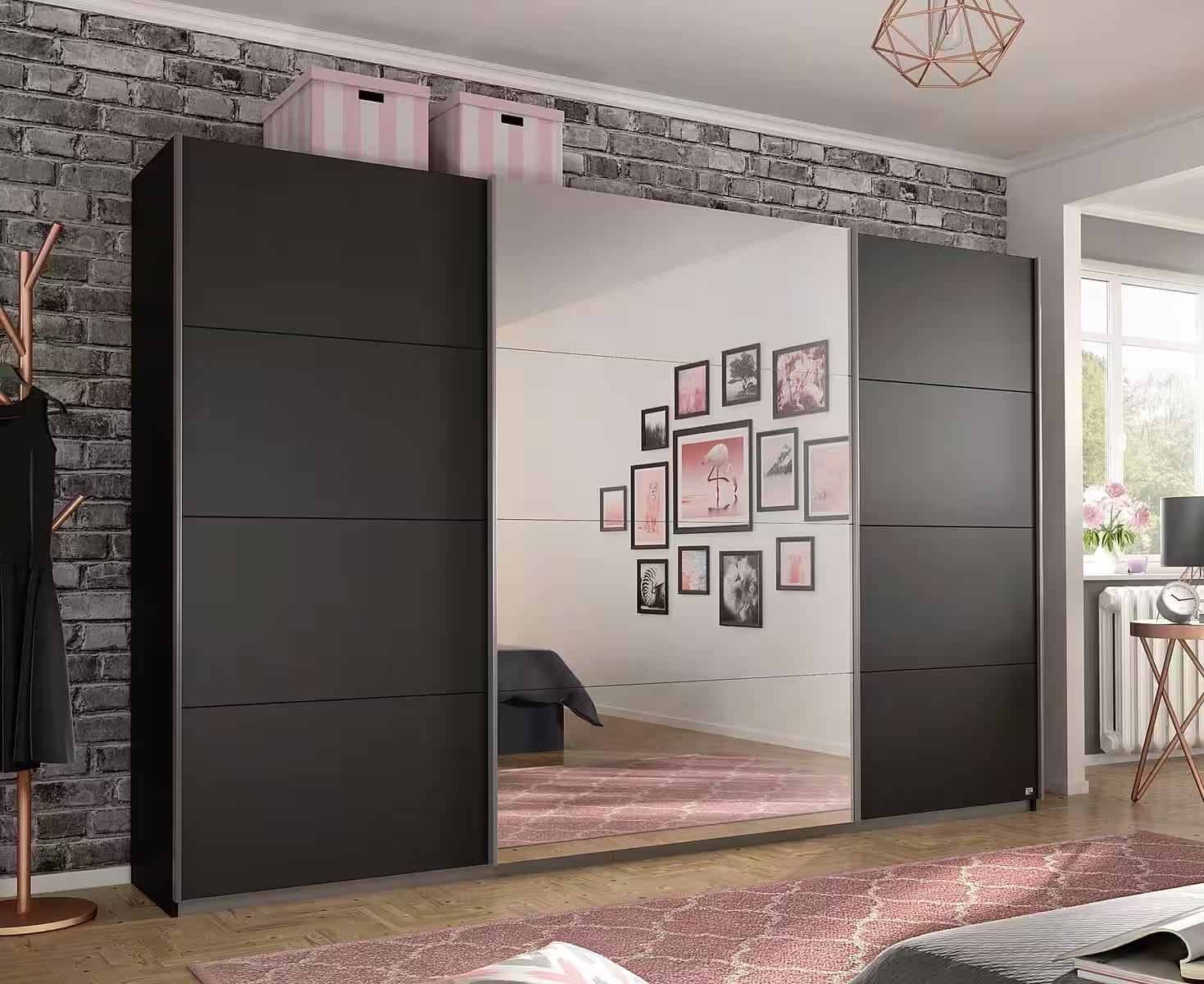 Dressing 315 cm lungime, 3 uși glisante, oglindă pe mijloc, culoare gri ...